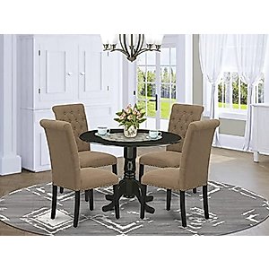 East West Furniture DLBR5-BLK-17 Dublin 5 Piece Kitchen Set Includes a Round Dining Room Table with Dropleaf and 4 Light Sable Linen Fabric Parsons Chairs, 42x42 Inch, Black