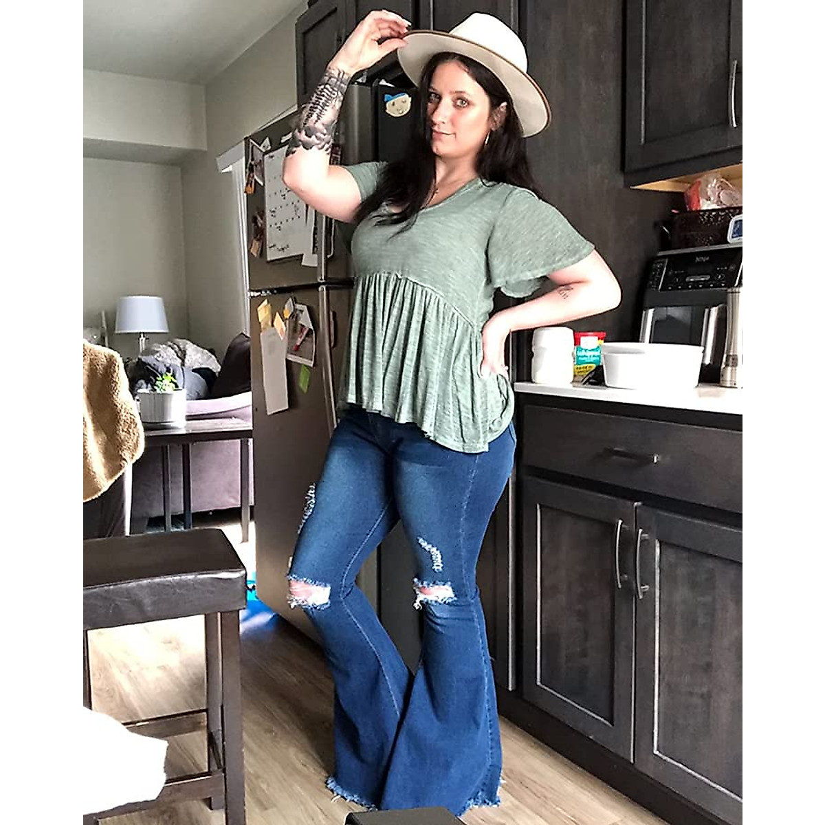 CutieLove Women's Ripped Jeans Bell Bottom Flare Jeans Mid Rise Destroyed Hem Denim Pants A-Light Blue