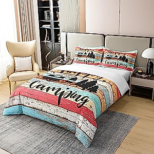 100% Cotton Happy Camping Duvet Cover Queen RV Camper Trailer Bedding Set for Boys Girls Bedroom Farmhouse Style Wooden Stripes Comforter Cover Red Blue Soft Breathable Quilt Cover
