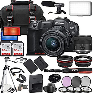 Canon EOS R8 Mirrorless Camera w/RF 24-50mm f/4.5-6.3 is STM Lens + 2X 64GB Memory + Case + Microphone + LED Video Light + More (35pc Bundle)