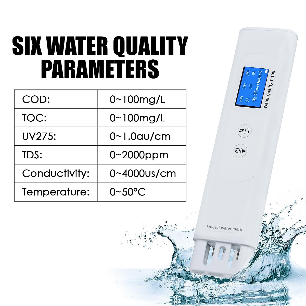 Water Quality Tester for Drinking Water, Portable 6-in-1 TDS Meter TOC, COD, EC, UV275, Temp&TDS, Digital Drinking Water Quality Tester for Home, RV, Hiking, Camping, Travel, Well, Tap, Water Purifier