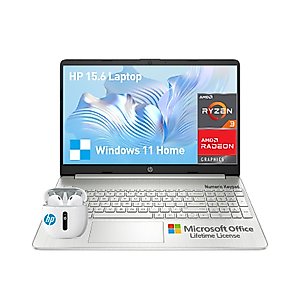 HP 15 Laptop Computer College Students, Ultra Thin Light Notebook PC Laptop 15.6 Inch, 4-core AMD Ryzen 3, 16GB RAM 512GB SSD, Lifetime Microsoft Office Windows 11, 10-key Number Pad Webcam HDMI USB-C