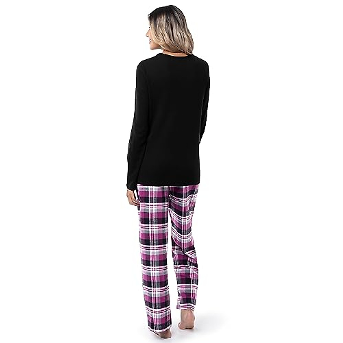 Fruit of the Loom Women's Waffle V-Neck Top and Flannel Pant Sleep Set, Black/Berry Plaid, X-Large
