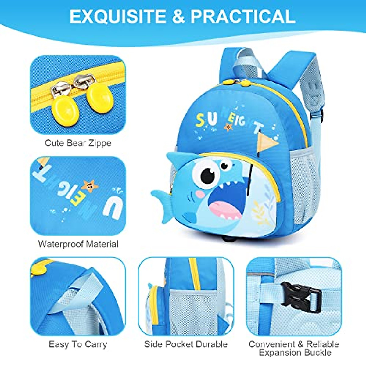 Netlmfg Backpack Harness for Toddlers, Kids 3D Cartoon Shark Casual Bags for Boys Girls - Lightweight Waterproof Mini Backpack (12M+)
