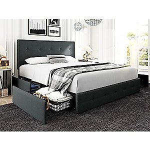 HOOMIC Queen Upholstered Platform Bed Frame with 4 Storage Drawers, Wooden Slats Support, Adjustable High Headboard with Square Stitched Button Tufted Design, No Box Spring Needed,Dark Grey