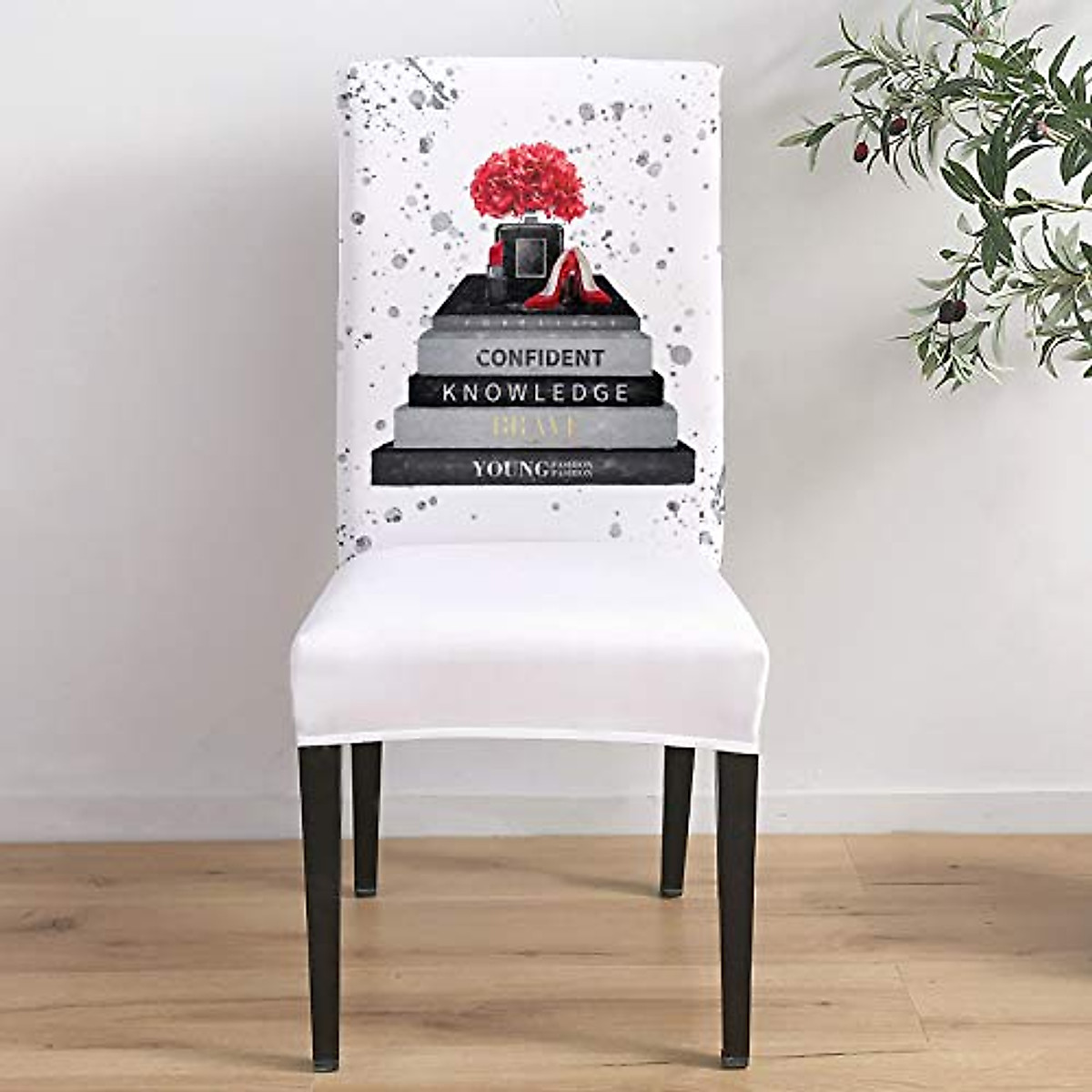 Dining Room Chair Covers, Red Lipstick High Heels Flower Black Gray Book Abstract Watercolor Painting Stretch Parsons Chair Slipcovers Removable Chair Protector Cover Set of 8
