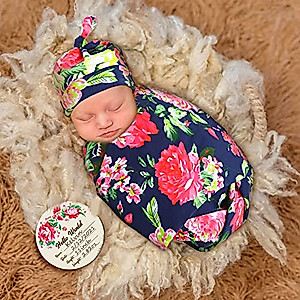 Yahenda 5 Pieces Baby Newborn Receiving Blanket with Headband Hat Set and Personalized Wood Birth Announcement Card Flower Print Baby Swaddle Receiving Blankets