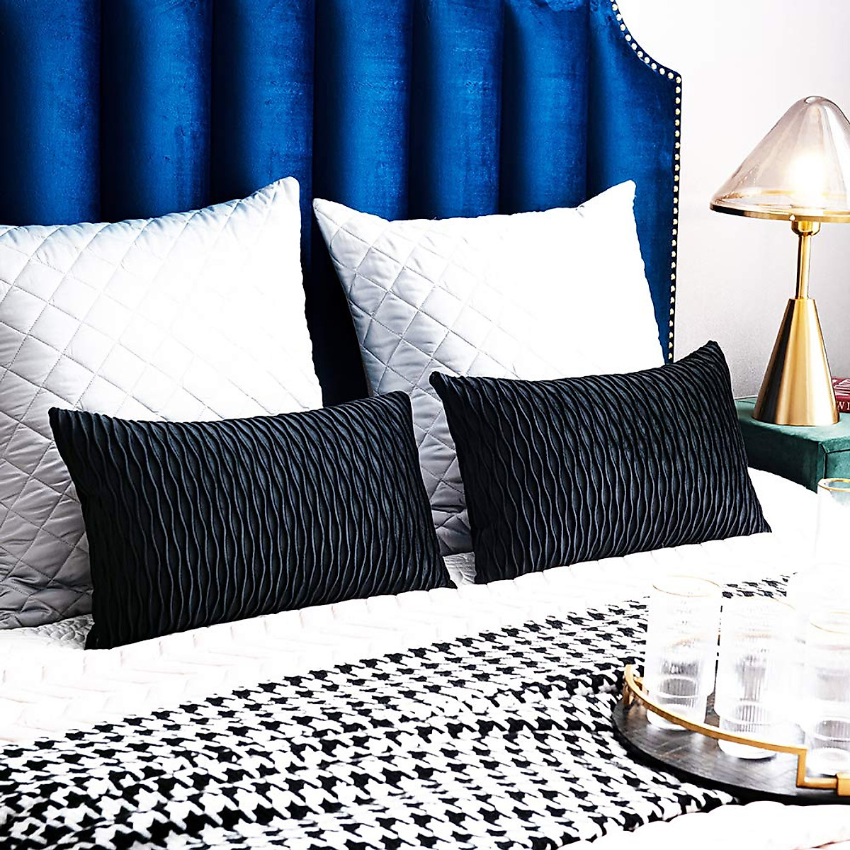 DEZENE Black Striped Decorative Pillow Covers: 2 Pack 12x20 Inch Original Velvet Rectangular Throw Pillow Cases for Farmhouse Couch