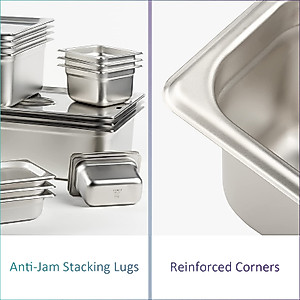 CURTA 6 Pack Anti-Jam Hotel Pans with Lids, 1/6 Size 2 1/2 Inch Deep, NSF Commercial 18/8 Stainless Steel Chafing Steam Table Food Pan with Covers