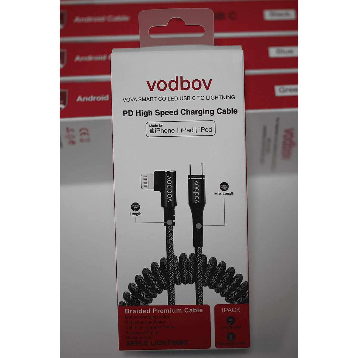 VODBOV USB-C to Lightning Cable 2FT to 8FT Right Angle Coiled Charging Cable Durable Coil MFi Certified Charger Cord Zebra Black