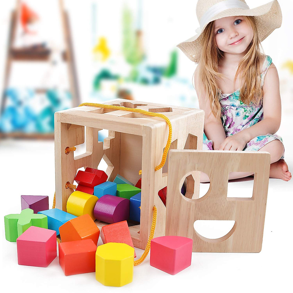 QZMTOY Shape Sorter Toys with 19 Shape Blocks,Shape Sorting Cube Toy Box Classic Wooden Toys for Toddlers Kids,Gift for Girls Boys 2-4(Natural Solid Wood)