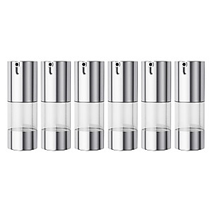 longway 15ml Airless Pump Bottle Silver Airless Cosmetic Cream Pump Bottle Travel Size Dispenser Refillable Containers（0.5oz,Pack of 6 ）
