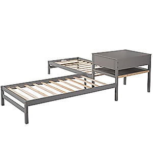 P PURLOVE L-Shaped Twin Platform Bed Corner Bed for Kids Teens 2 Wood Bed Frame with Built-in Rectangle Table with Drawer for Living Room Bedroom,Gray