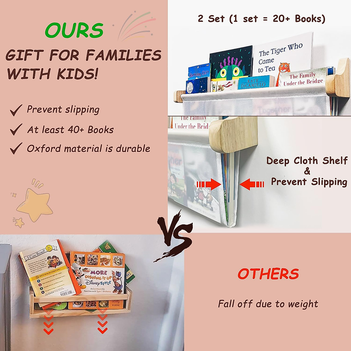 Volnamal Kids' Bookshelf Set of 2, Wall Mounted Floating Nursery Book Shelves, Bookshelf with Deep Pocket, Children's Bookcase Display for Nursery, Playroom or Kids Room