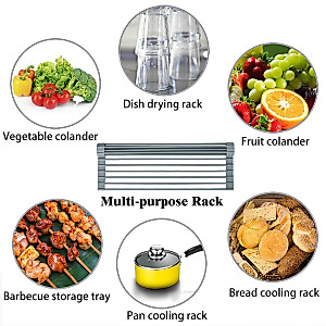 Hhyn Over The Sink Roll-Up Dish Drying Rack 17"(L) x 13"(W), Silicone Coated Stainless Steel Multipurpose Dish Drainer Mat for Kitchen, Gray - Small