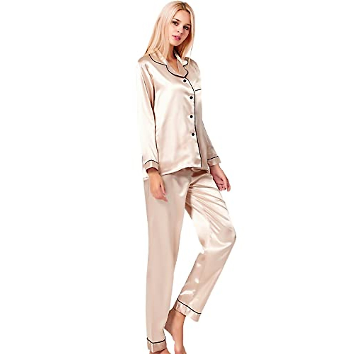 SWOMOG Womens Silk Satin Pajamas Long Sleeve Loungewear Two-Piece Sleepwear Button-Down Pj Set Champagne