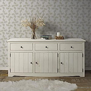 Furniture Dash, Wooden Storage Cabinet- 3 Doors & 3 Drawers, Cupboard Console Table, Sideboard Buffet, Ideal for for Living Room, Kitchen Island, Dining Room, Hallway- White Distressed