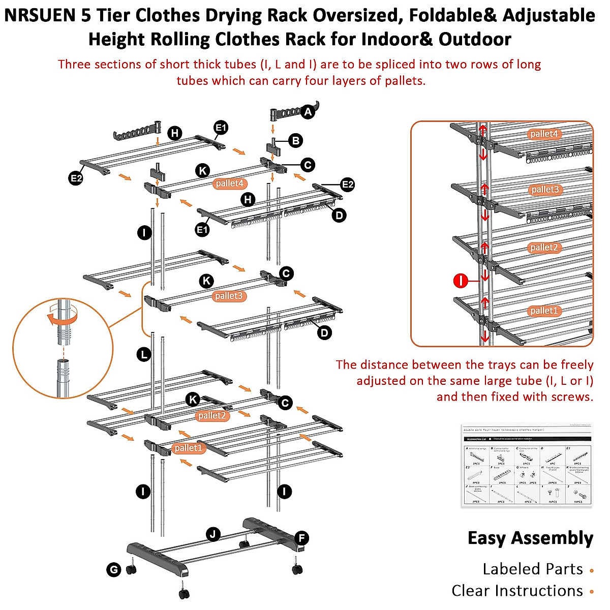 5 Tier Clothes Drying Rack Oversized, Foldable& Adjustable Height Rolling Clothes Rack Stainless Steel with 4 Castor, 32 Drying Poles,14 Hook& 4 Sock Clippers, Drying Rack Clothing for Indoor& Outdoor