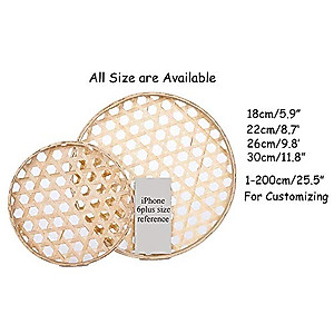 100% Handwoven Flat Wicker Round Fruit Basket Woven Food Storage Weaved Shallow Tray Organizer Holder Bowl Decorative Rack Display Kids DIY Drawing Board (Hexagon Hollow-Bamboo-White, 18cm/7")