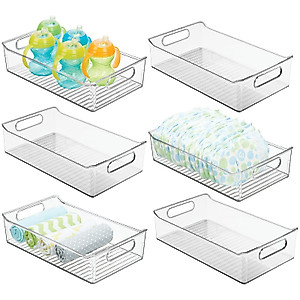 mDesign Small Plastic Nursery Storage Container Bins with Handles for Organization in Pantry, Cabinet, Closet or Cubby Shelves - Organizer for Baby Food, Bibs, Formula, and Burp Cloths - 6 Pack, Clear