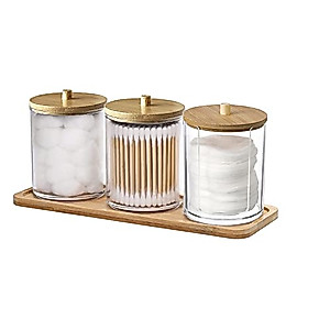 Qtip Holder Dispenser with Bamboo Lids and Vanity Tray - 10 oz Clear Plastic Apothecary Jar Containers for Vanity Makeup Organizer Storage - Bathroom Accessories Set for Cotton Swab, Ball, Pads, Floss