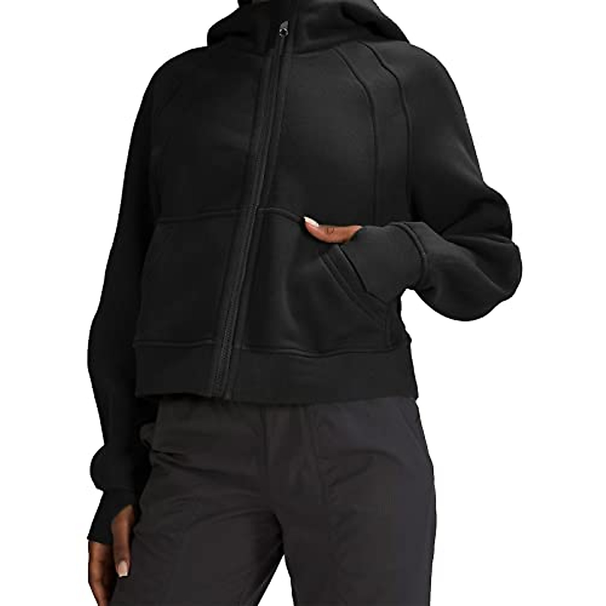 LASLULU Womens Fuzzy Cropped Hoodies Sport Athletic Zip Up Hoodie Stand Collar Sweater Fleece Lined Sweatshirt Long Sleeve Pullover Tops Pockets(Black-Medium)