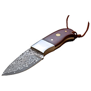 Elk Ridge - Outdoors Fixed Blade Knife - Genuine Damascus Stainless Steel Blade, Rose Wood Handle, Full Tang Construction, Includes Leather Sheath, Camping, Survival - ER-111RDM, Brown/Polished