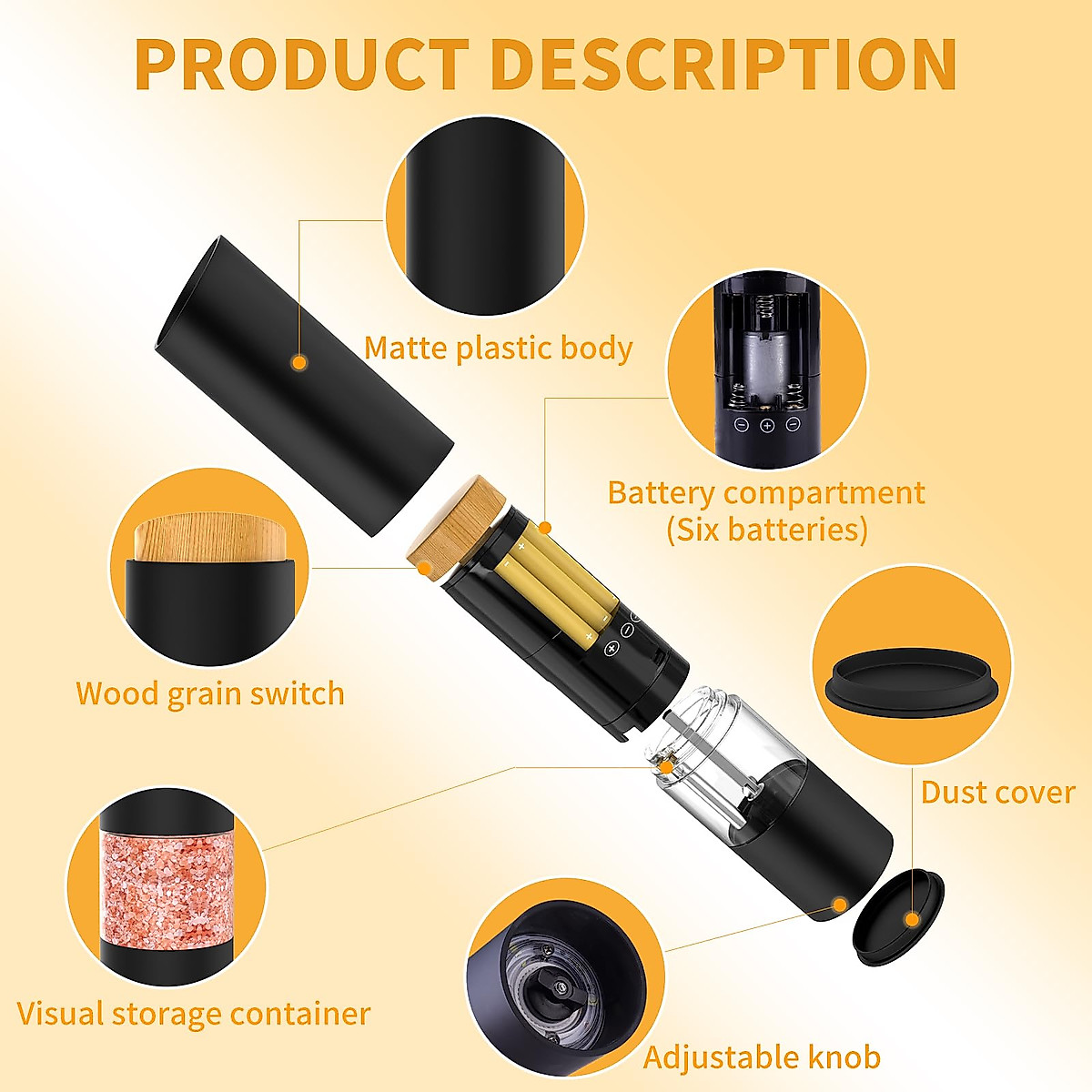 Electric Salt and Pepper Grinder Set of 2, Automatic Operation Salt Pepper Mill Sets with Adjustable Coarseness, Battery Powered, LED light, One Hand Operation-Black