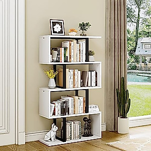 YITAHOME 5-Tier Bookshelf, S-Shaped Z-Shelf Bookshelves and Bookcase, Modern Freestanding Multifunctional Decorative Storage Shelving for Living Room Home Office, Cream White
