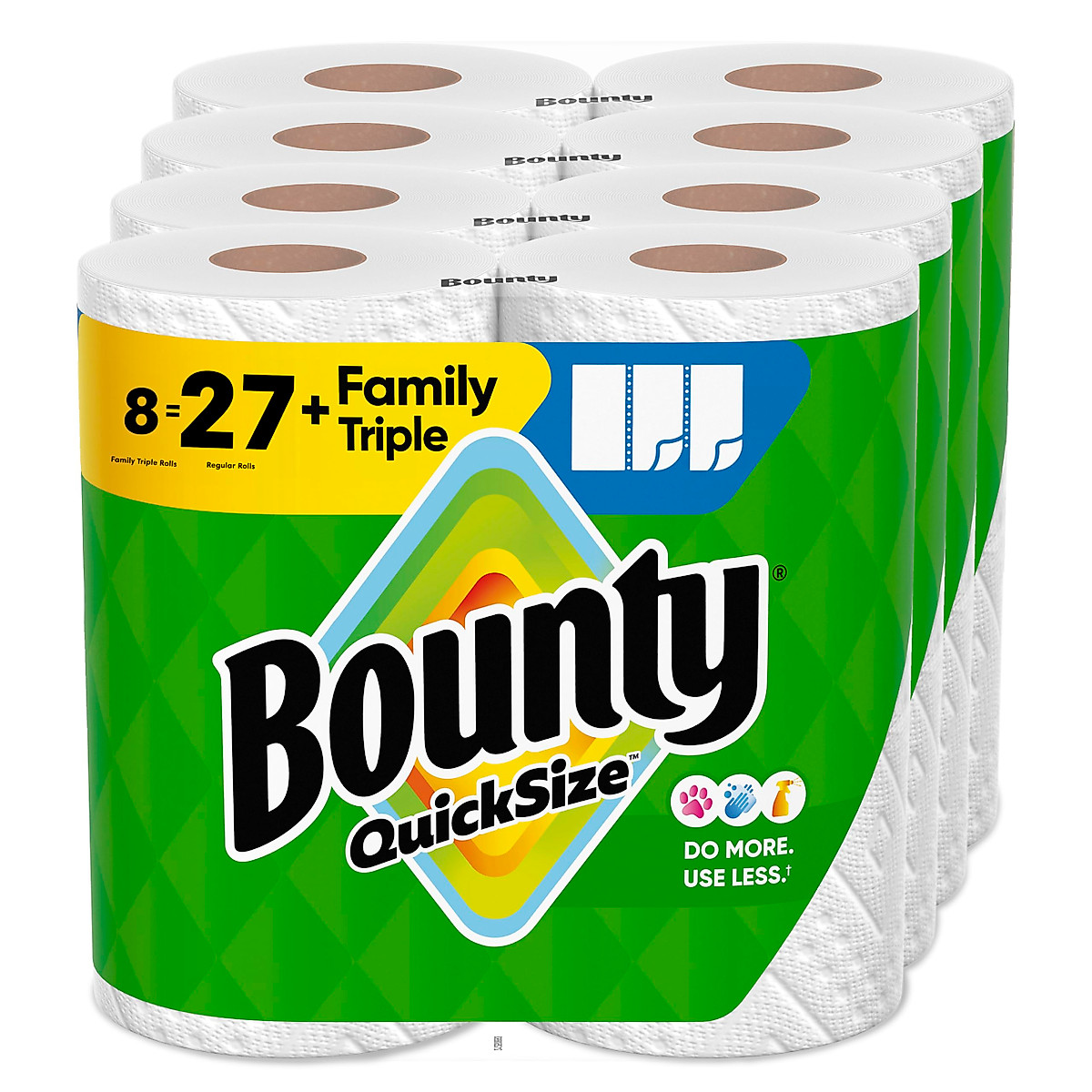 Bounty Quick-Size Paper Towels, White, 8 Family Triple Rolls = 27 Regular Rolls