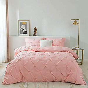 3 Pieces Bedding Duvet Cover Set, Pinch Pleated Queen Duvet Cover, Pintuck Comforter Quilt Cover with 2 Pillow Shams-Queen-90 X 90 inches-Pink