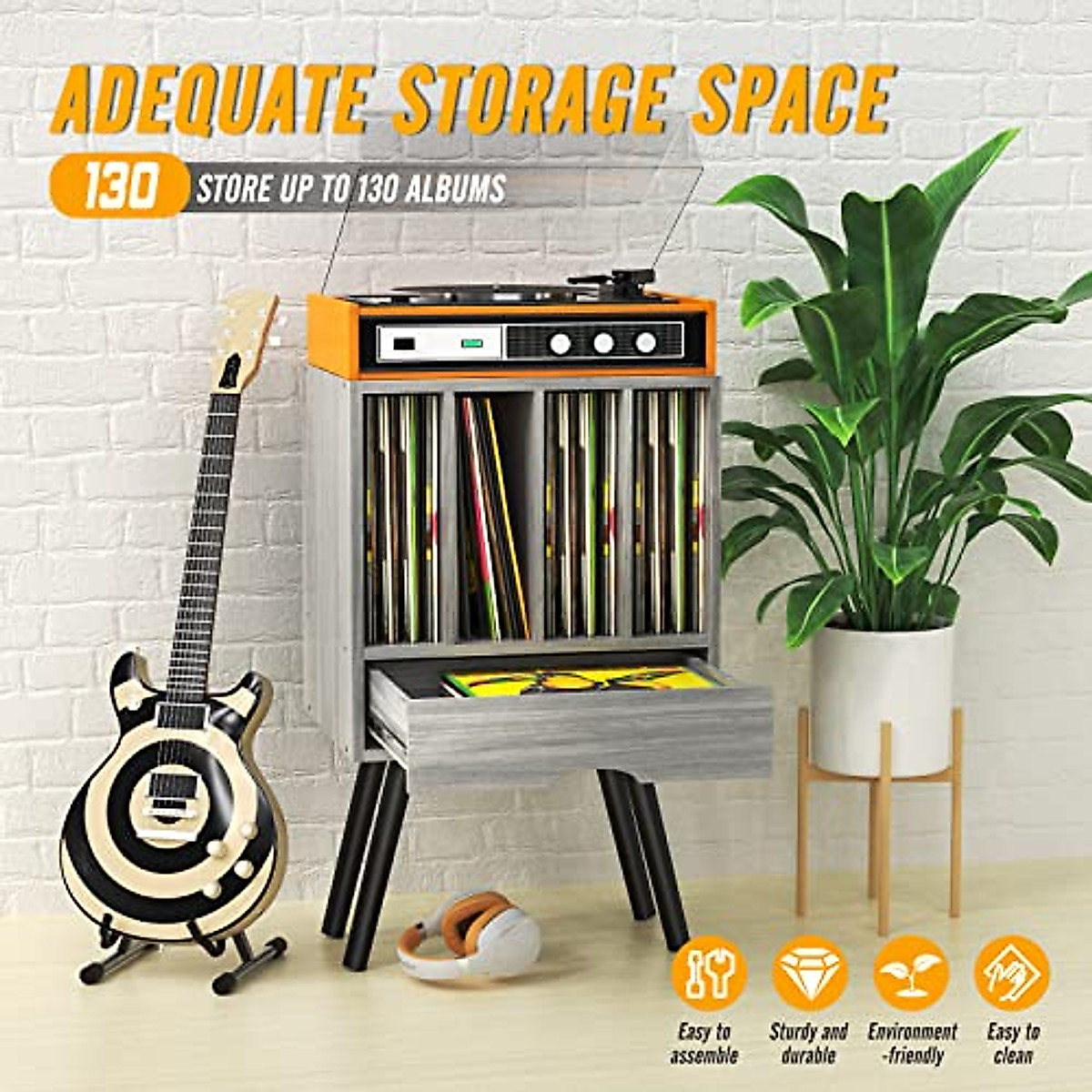 WASAIT Record Player Stand Vinyl Record Storage Table with Drawer Record Display Turntable Stand with Wood Legs 3-Tiers Vinyl Holder Cabinet for Living Room Bedroom Grey