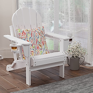 Sundale Outdoor Folding All Weather Plastic Adirondack Chair with 2 Concealable Cup Holder and 1 Stylish Cushion/Pillow, Perfect for Outside Patio Garden Pool Yard Pure White
