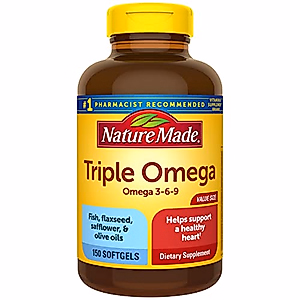 Nature Made Triple Omega 3 6 9, Fish Oil as Ethyl Esters and Plant-Based Oils, Healthy Heart Support, 150 Softgels, 50 Day Supply