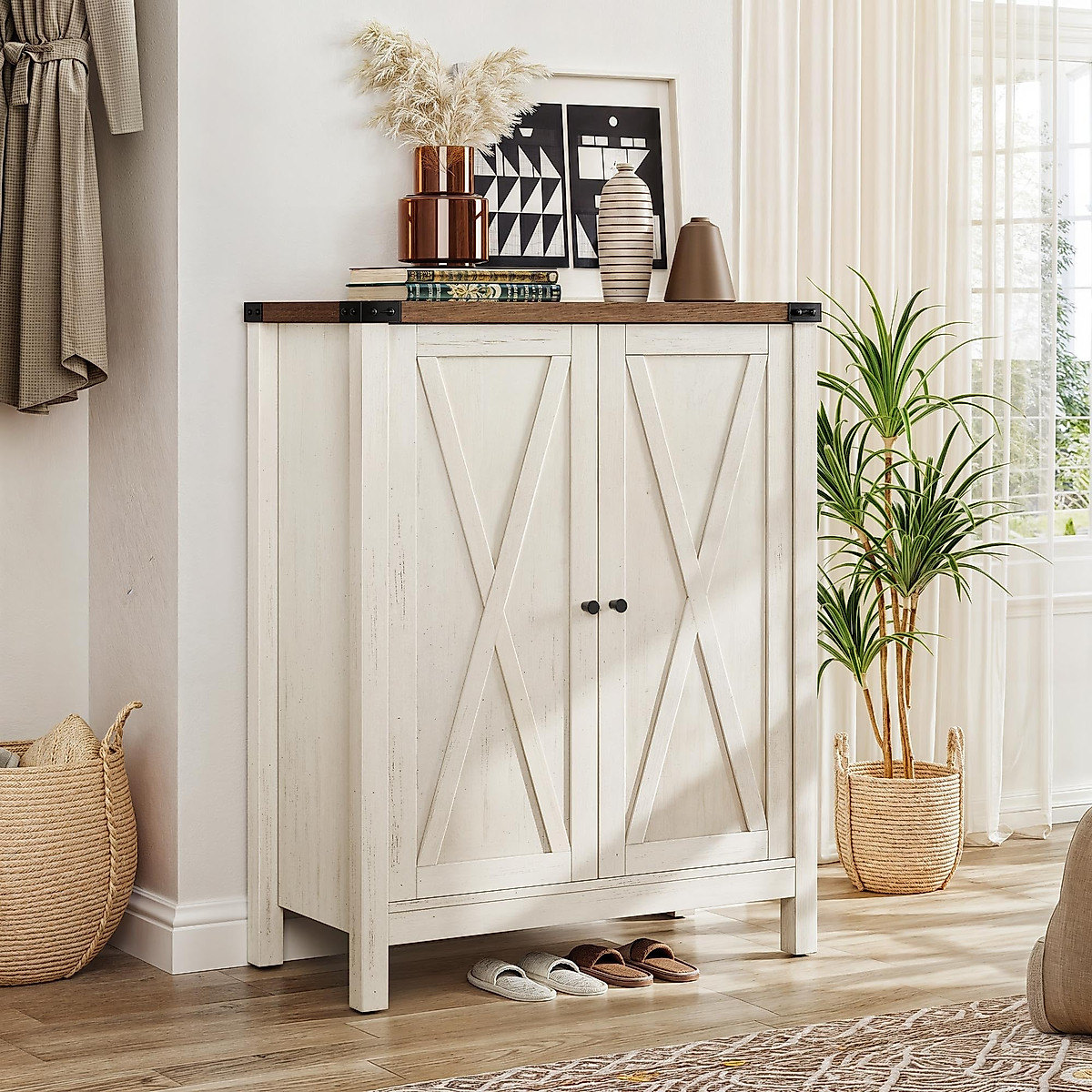 YITAHOME Shoe Cabinet with Doors, Farmhouse 5-Tier Shoe Storage Cabinet for Entryway, Large Capacity Wooden Shoes Rack Organizer for Entryway/Hallway/Closet, Beige