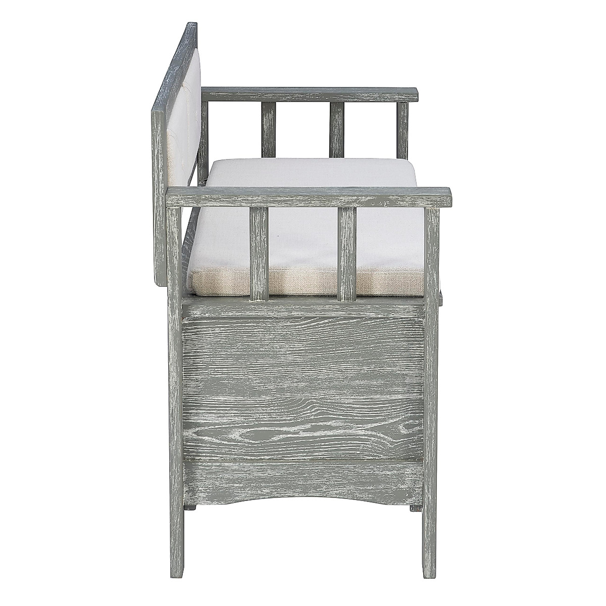 Linon Weathered Grey Carlton Storage Bench with Beige Upholstered Back and Cushioned Seat