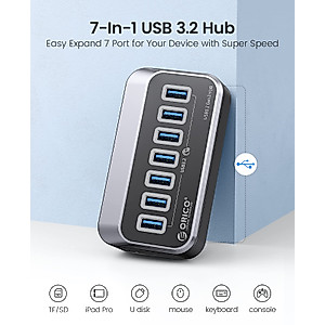 ORICO USB Hub 10Gbps with 7 USB A Ports, USB 3.2 Gen 2 Hub with 3.28Ft USB-A to USB-C Cable USB Splitter for iMac, All MacBooks, Mac Mini
