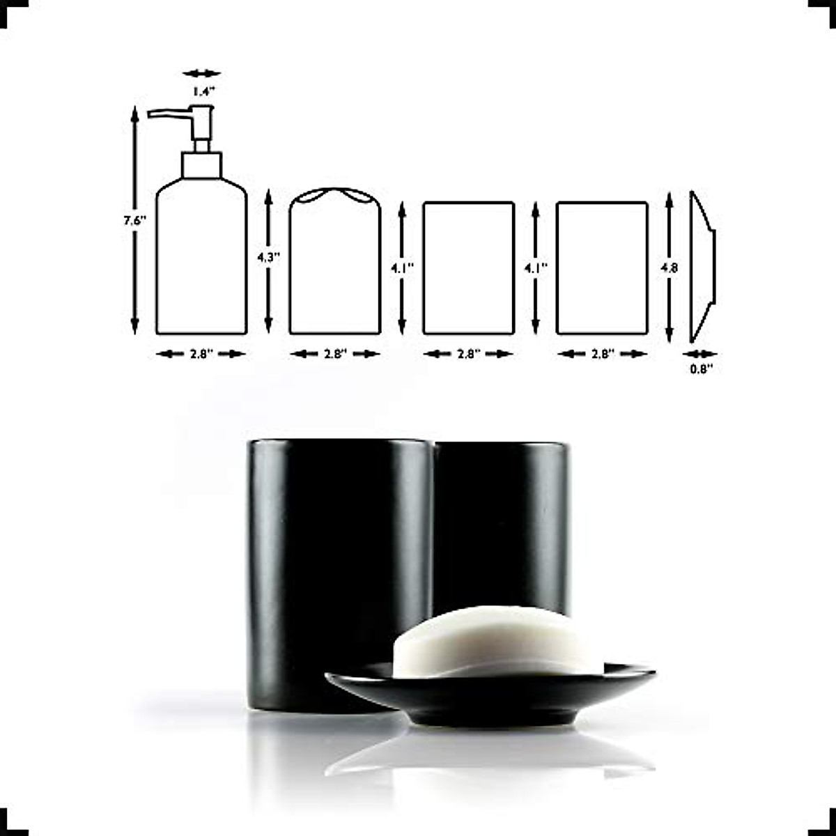 Willow&Ivory Bathroom Accessories Set | 5 Piece, Matte Black Ceramic Bath Set | Toothbrush Holder, Soap Dispenser, Soap Dish, 2 Tumblers | Midnight Collection