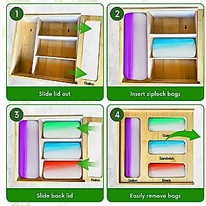 Ziplock Bag Storage Organizer, Bamboo Food Storage Bag Organizer for Kitchen Drawer Compatible with Gallon, Quart, Sandwich and Snack Variety Size Bag