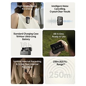 DJI Mic 2 (2 TX + 1 RX + Charging Case), Wireless Lavalier Microphone, Intelligent Noise Cancelling, 32-bit Float Internal Recording, 820 ft.(250m) Range, Microphone for iPhone, Android, Camera