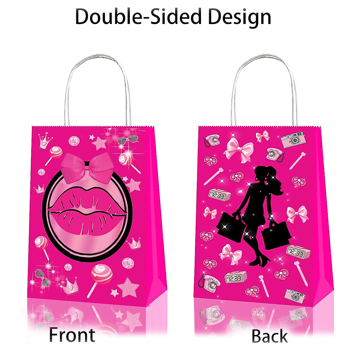 LTHOENG 15pcs Pink Girl Party Bags, Princess Gift Bags Candy Goodie Treat Hot Pink Party Favors Bags with Handles for Girls Princess Theme Party Decoration Birthday Supplies