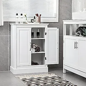 Tangkula Bathroom Storage Cabinet, Freestanding Floor Cabinet with Double Doors and 2 Adjustable Shelves, Anti-toppling Device, Modern Wood Storage for Bathroom Living Room Entryway (White)
