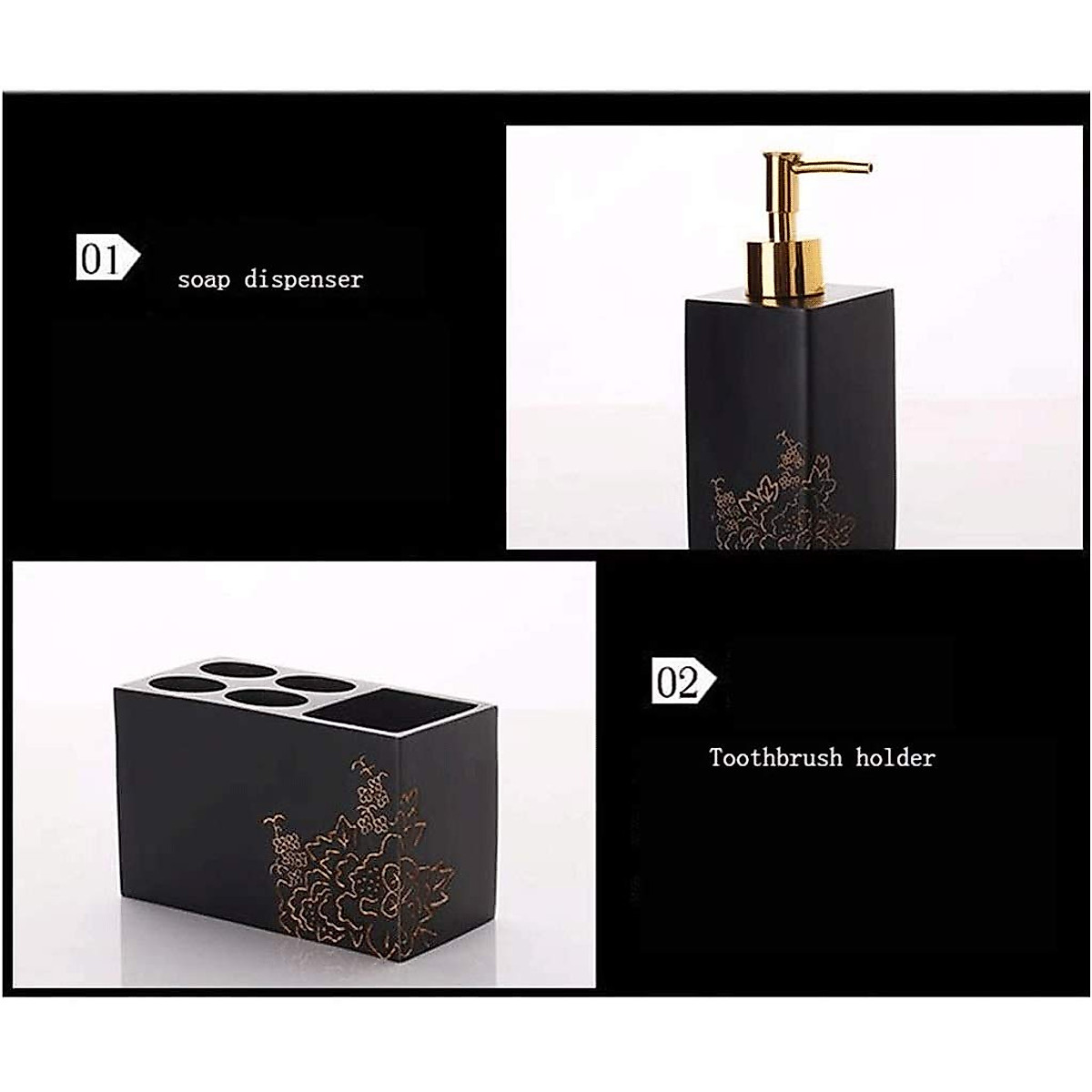 Soap Dispenser Hand Soap Dispenser 6-Piece Bathroom Accessory Resin Set Lotion Dispenser Tumbler Toothbrush Holder Soap Dish and Tray，Elegant Golden Pattern，Black Manual Soap Dispenser Soap Dispenser