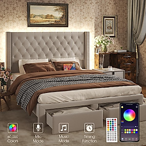 CIKUNASI Velvet Upholstered Bed Frame Queen with Headboard and Storage, Tall Bed Frame with 2 Drawers, Tufted Wingback Bed Frame Queen Size LED Light, Charging Station, No Box Spring Needed, Cream