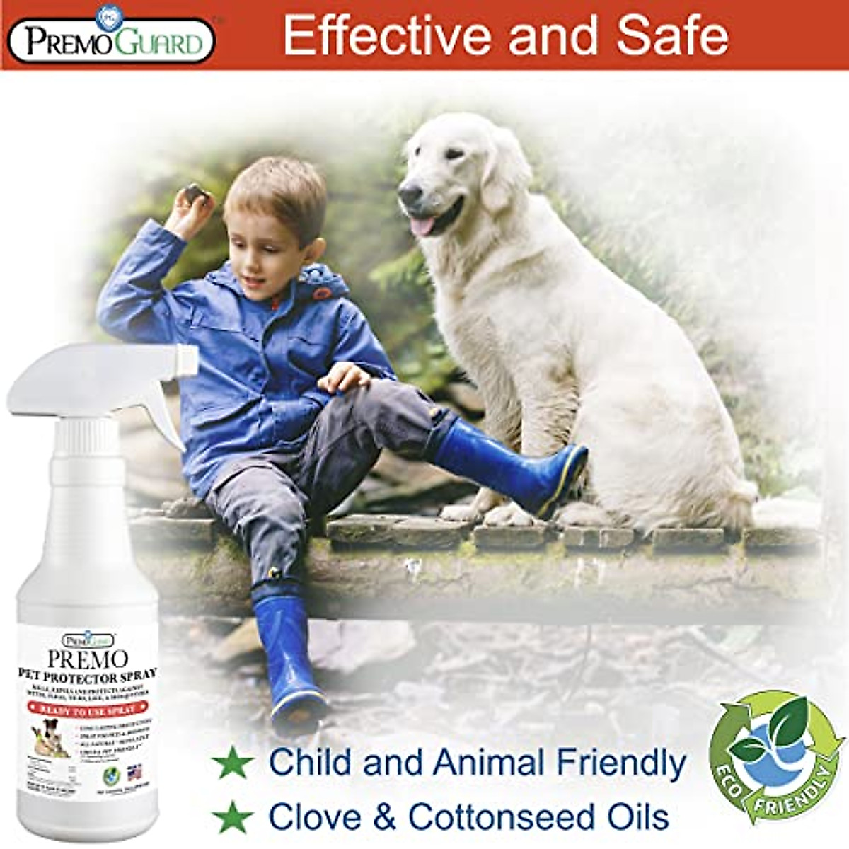 Pet Protector by Premo Guard – 100% Effective Mite, Flea, Tick, & Mosquito Spray for Dogs, Cats, and Pets – Best Natural Protection for Control, Prevention, & Treatment – 32 oz