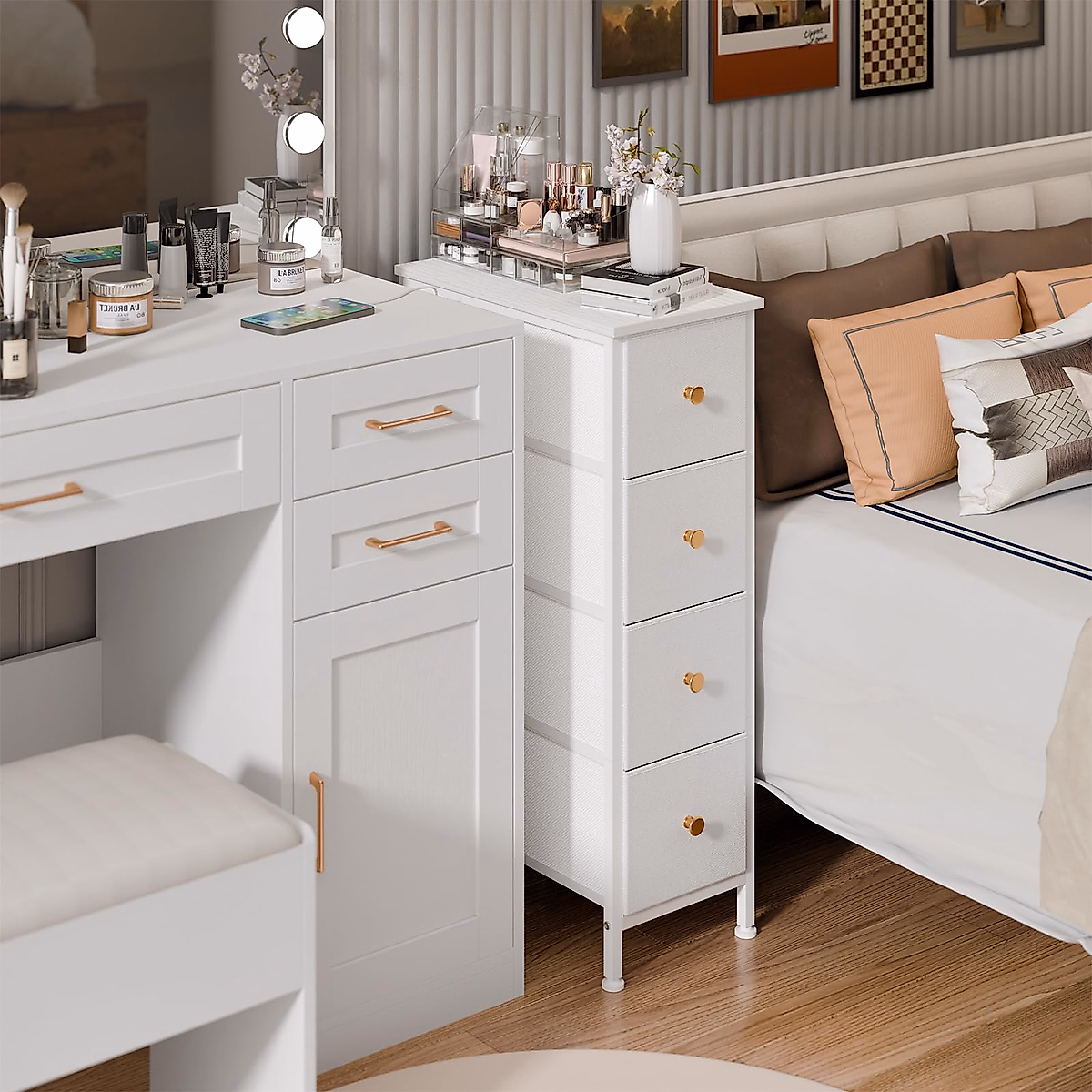 Fixwal Narrow Storage Cabinet, Narrow Nightstand Dresser with 4 Drawers, Slim Fabric Dresser Storage Tower for Small Spaces, White Dresser, for Bedroom, Bathroom, Living Room, Laundry, Closet