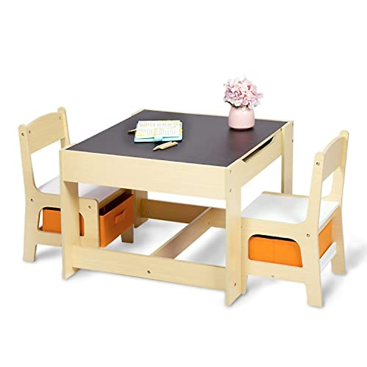 Kinfant Toddler Table and Chair Set - Activity Table for Toddlers with Double Side Detachable Tabletop, 3 in 1 Wood Activity Table for Toddlers Arts, Crafts, Drawing & Reading (Orange)