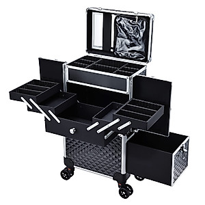 Adazzo Professional Makeup Artist Rolling Train Case Multi-functional Cosmetic Train Case Large Trolley Storage Case for Nail Technicians Cosmetology Case with Compartments for Hairstylist (Black)