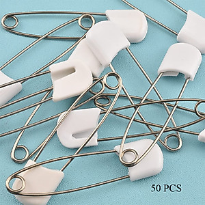 HAHIYO 52mm Length Plastic Head Cloth Pins Closed Sturdy Easy Penetrate Safer Operate Reusable Durable Stainless Steel Nappy Diaper Pin White 50 PCS for Sock Towel Bed Sheet Vurtains Clothing
