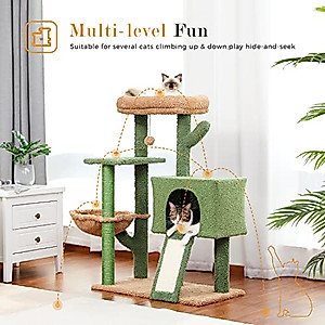 PAWZ Road 41 Inches Cactus Cat Tower with Sisal Covered Scratching Post and Cozy Condo for Indoor Cats, Cat Climbing Stand with Plush Perch &Soft Hammock for Multi-Level Cat Play House